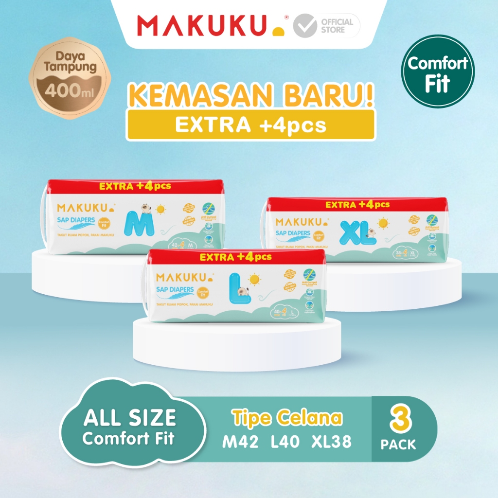 Jual [3 PACK] MAKUKU SAP Diapers Comfort Fit Jumbo / Extra Jumbo+4 Pants/Tape M/L/XL Popok Bayi ...