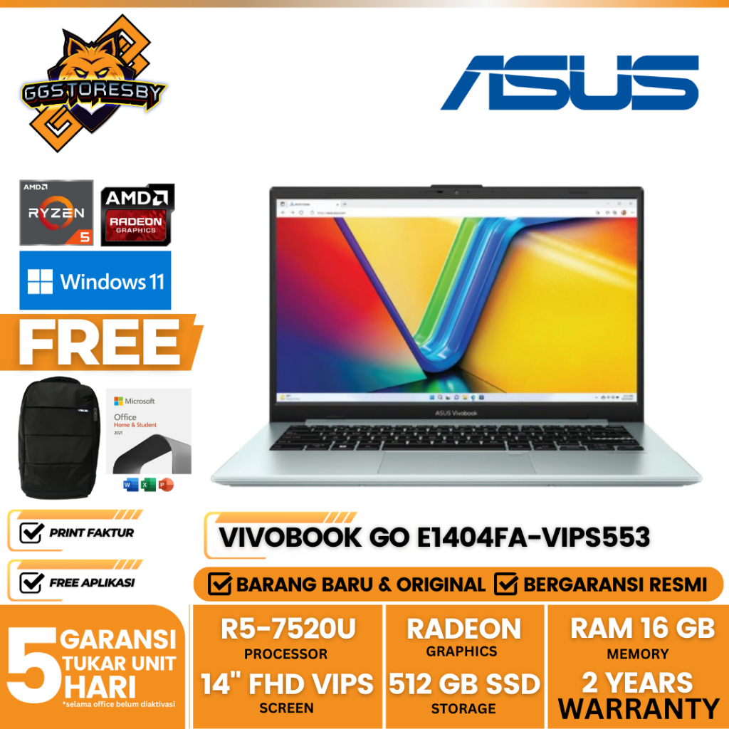 Jual Laptop Asus Vivobook Go E1404Fa-Vips553 R5-7520U/512Gb/16Gb/14 ...