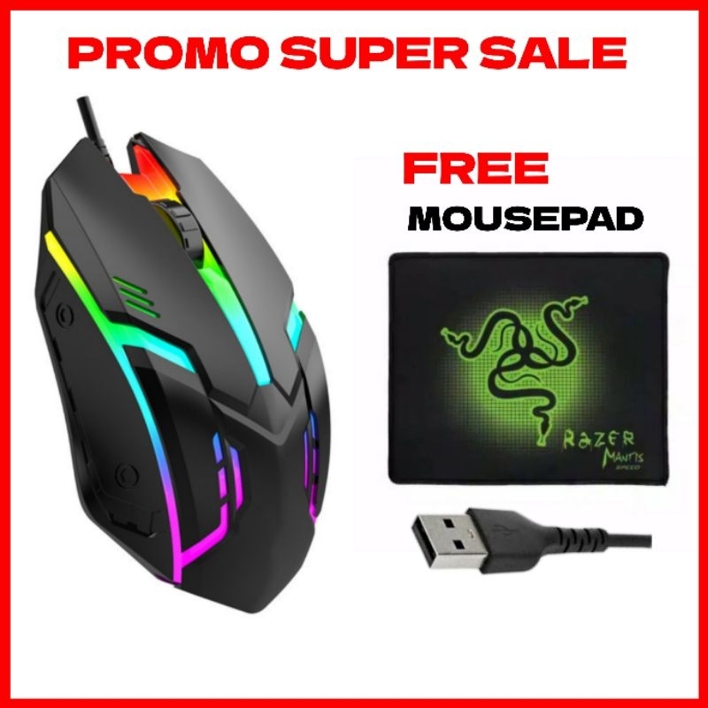 Jual MOUSE GAMING LED / MOUSE GAMING RGB WITH CABLE USB FREE MOUSEPAD ...