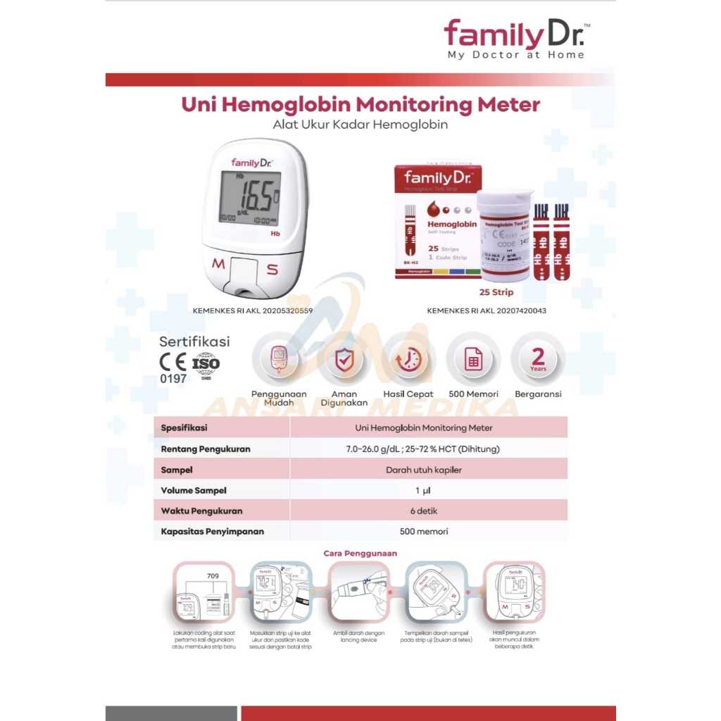 Jual FAMILYDR HB ALAT+STRIP ISI 25 UNI HEMOGLOBIN MONITORING METER ...