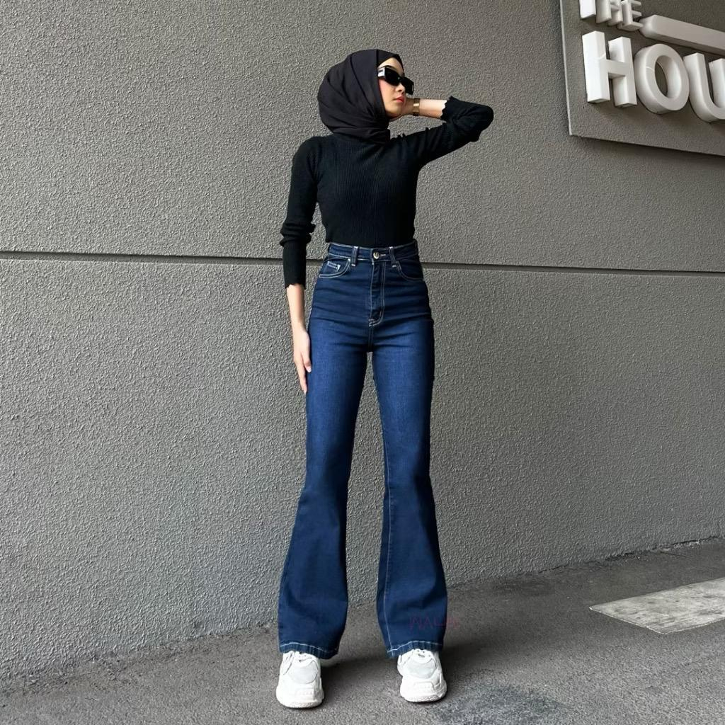 Jual HIGHWAIST Cutbray Jeans Wanita Celana Panjang Strect Kekinian Cutbray Flared Stret Premium ...