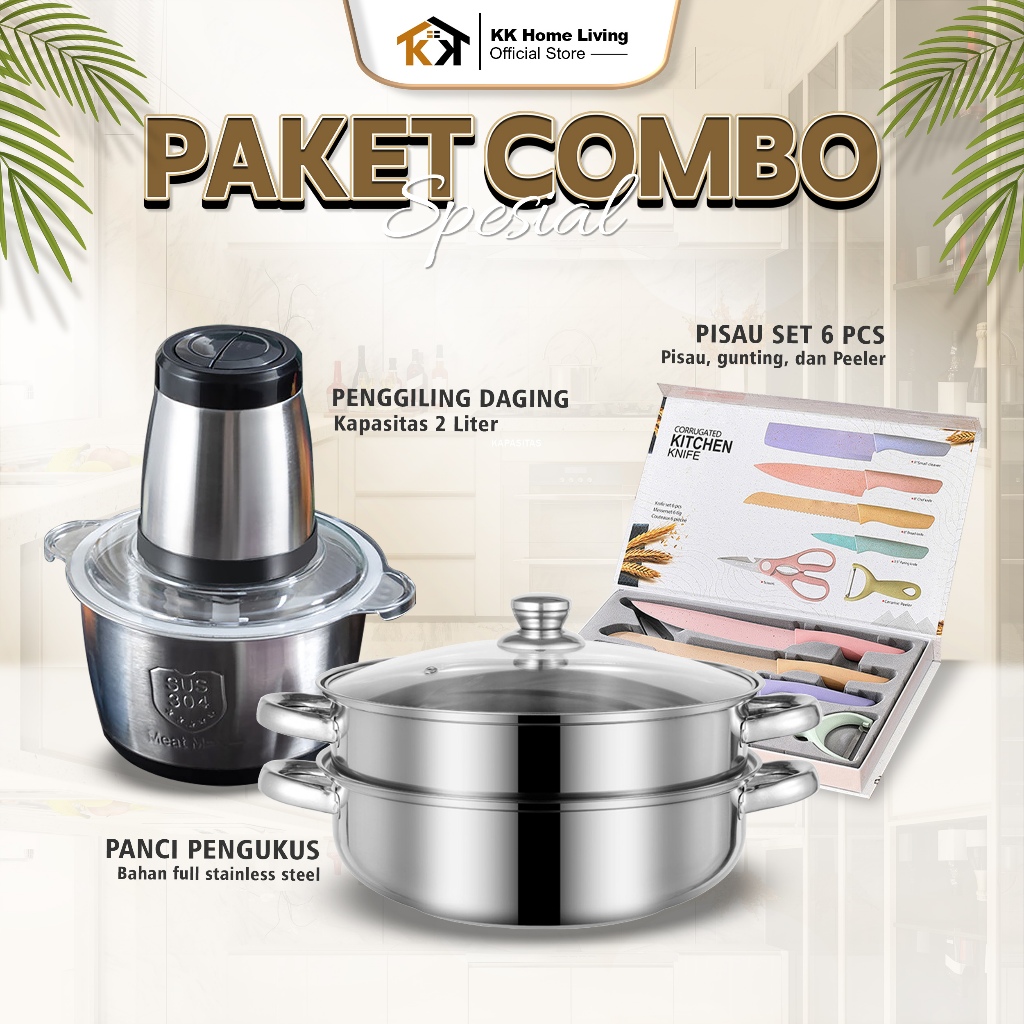 Jual (KK) PAKET SPESIAL!! Chopper Stainless 2L + Panci Steamer 28 CM Stainless + Pisau Dapur Set ...
