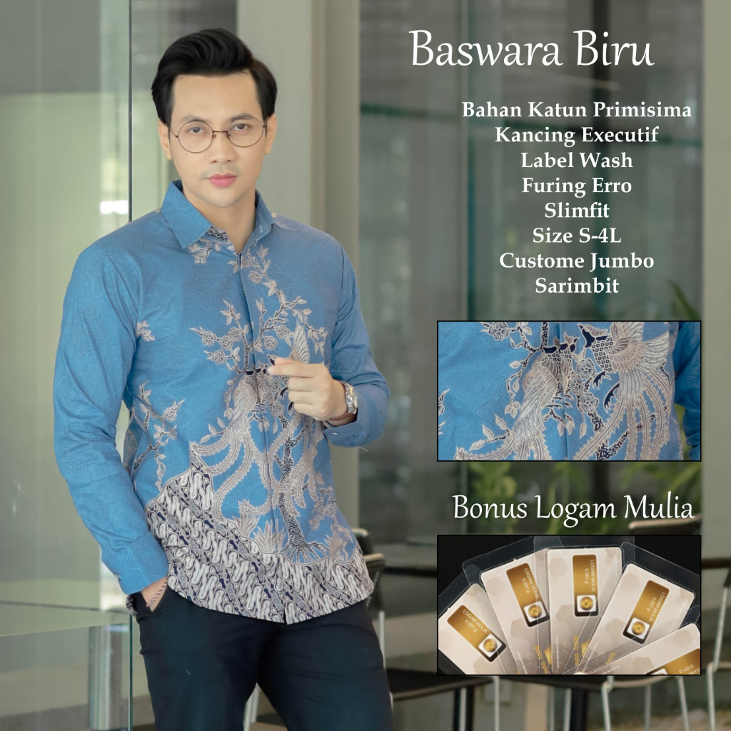 Jual PERKASA BATIK Motif Baswara Biru Kemeja Batik Pria Lengan Panjang ...