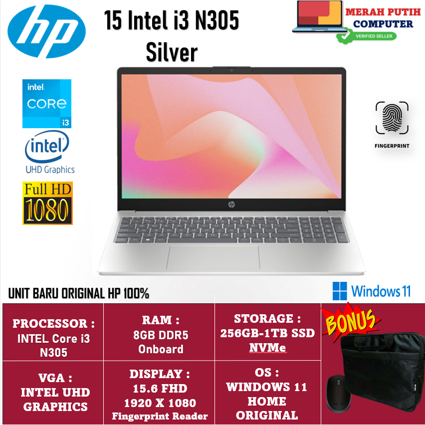 Jual Laptop HP 15 Intel i3 N305 8GB 1TB SSD 15.6 FHD IPS Fingerprint Windows 11 Home Original ...