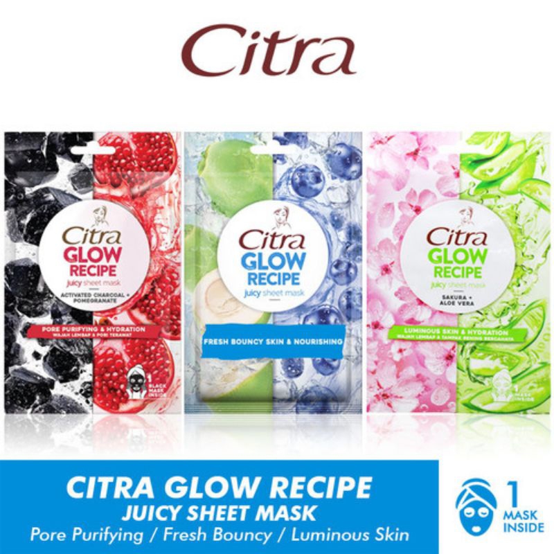 Jual Citra Glow Recipe Sheet Mask/Coconut Water + Blueberry/Charcoal ...