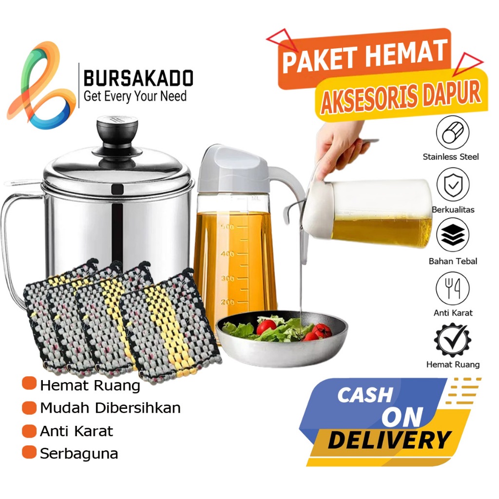 Jual Combo Hemat 6in1 Oil Pot Stainless 1000ml Plus Dispenser Minyak 630ml Dan Lap Cempal 4pcs ...