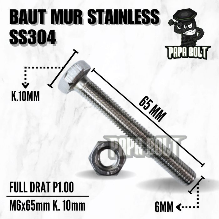 Jual Baut Mur Hex Stainless Steel 304 6x65 / M6 x 65 Kunci 10 P1.00 FT | Shopee Indonesia