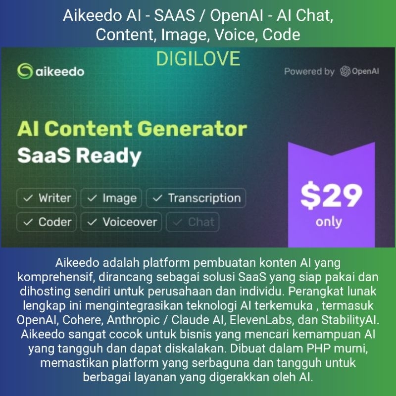 Jual Aikeedo AI - SAAS / OpenAI - AI Chat, Content, Image, Voice, Code | Shopee Indonesia