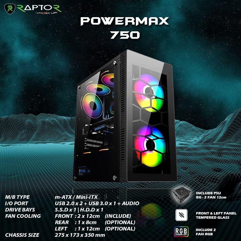 Jual Casing Gaming RAPTOR POWERMAX 750 - Casing Gaming + Power Supply ...