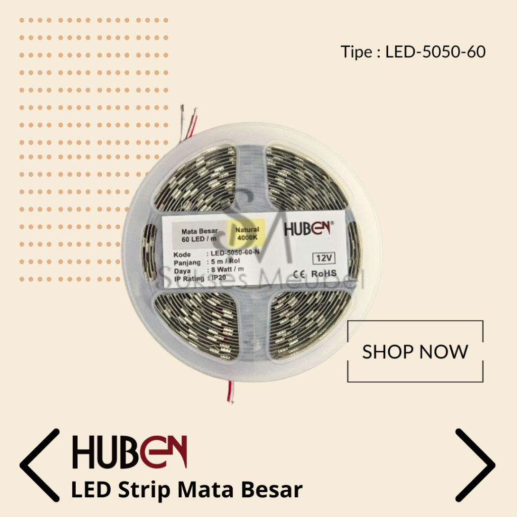Jual HUBEN LED-5050-60 Lebar 10mm 12v | LED Strip Mata Besar 60 LED/m ...