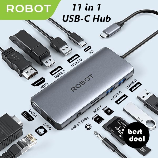 Jual Robot HT3110 11in1 USB-C HUB Adapter HDMI VGA LAN RJ45 USB3.0 ...