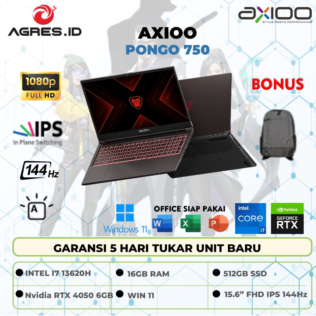 Jual Axioo Pongo 750 I7 13620H RTX4050 6GB/ 16GB 512GB Win 11 15.6FHD ...