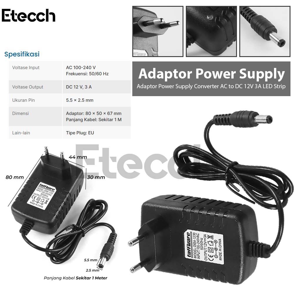 Jual Adaptor Power Supply Converter AC to DC 12V 3A LED Strip | Shopee ...