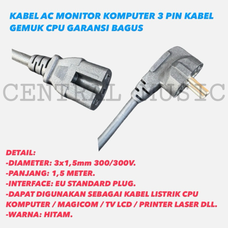 Jual KABEL AC KABEL AC MONITOR KOMPUTER 3 PIN KABEL GEMUK CPU GARANSI ...