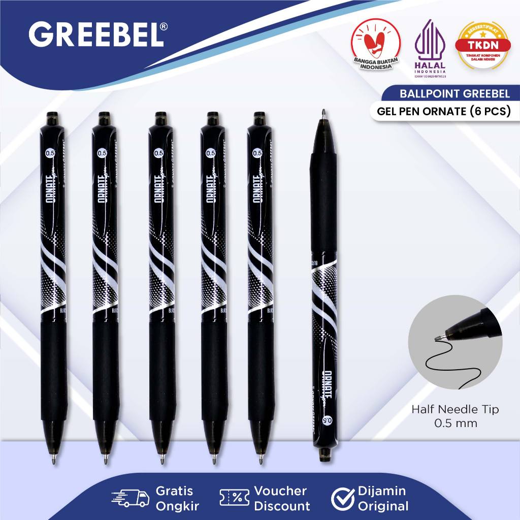 Jual GREEBEL PULPEN GEL / Gel Pen Ornate GP-505 0.5 Hitam (6PCS/SET) / Ballpen Gel Ballpoint ...