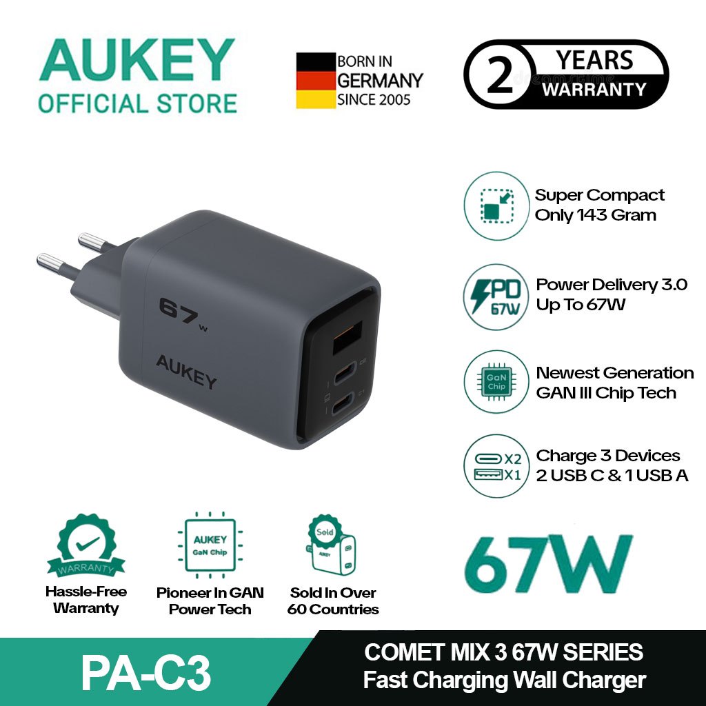 Jual AUKEY Charger Type C 67W GAN III PD 3.0 PPS Super Fast Charging Comet Mix 3 67W Series PA ...