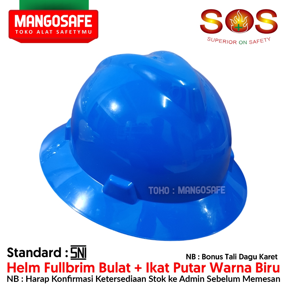 Jual Helm Safety Proyek Full Brim Biru merek SOS + ikat Kepala Putar ...