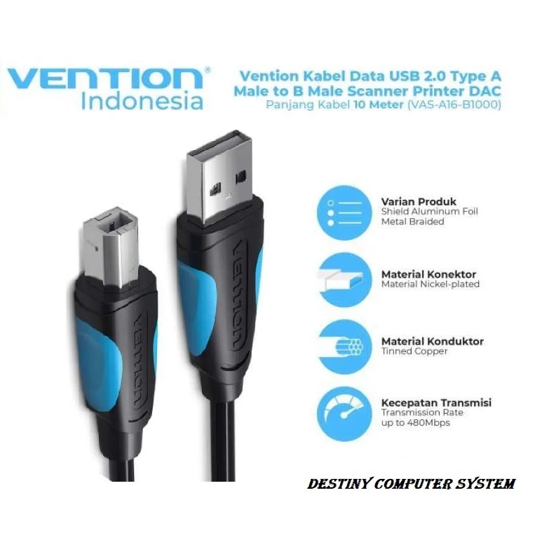 Jual Kabel Cable Printer USB 2.0 Vention with 2*Ferrite Core 3 M Meter ...
