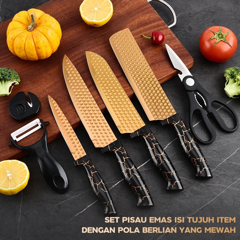 Jual TEXANIA Set Pisau Stainless Steel isi 7pcs itanium Warna Gold ...