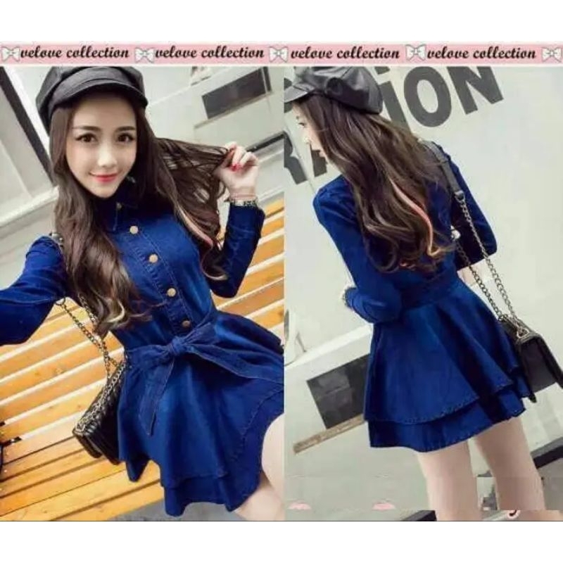 Jual dress biru birel denim lacey + obi Velove | Shopee Indonesia