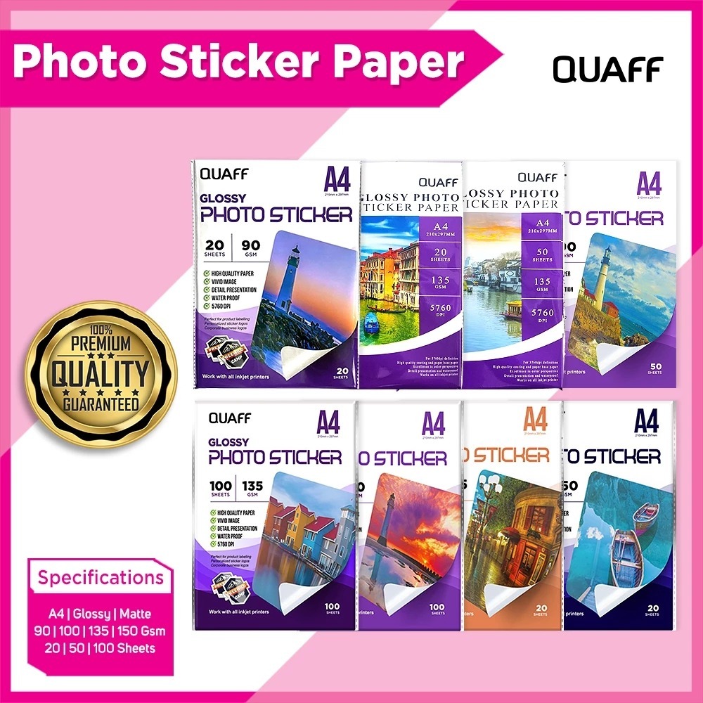Jual Quaff Glossy Photo Sticker A4 A3 Size Inkjet Paper 90GSM & 135GSM ...