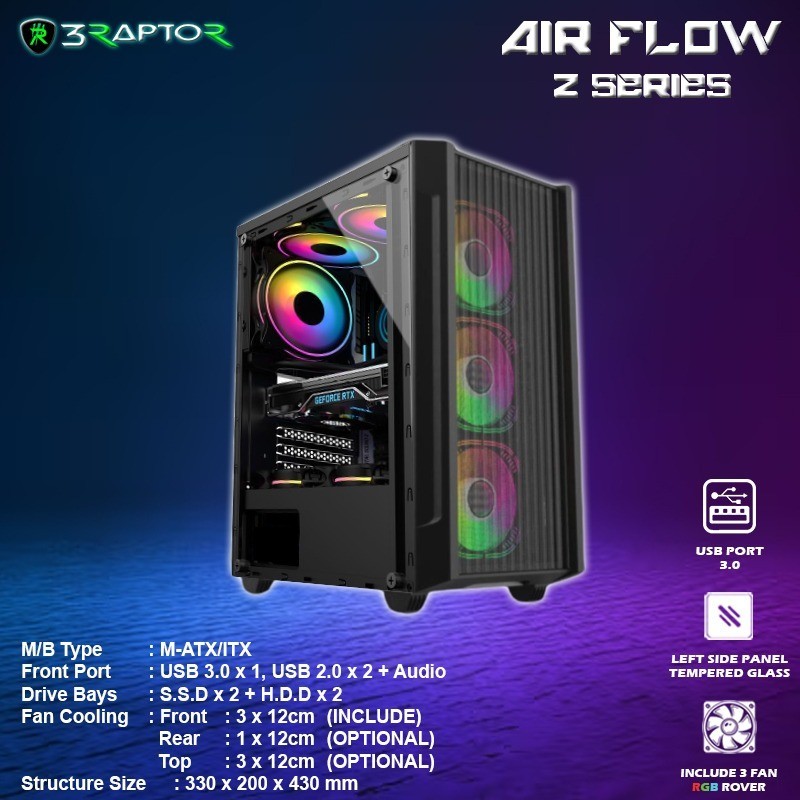 Jual CASING GAMING PC M-ATX RAPTOR AIR FLOW Z FREE 3 FAN RGB - HITAM ...