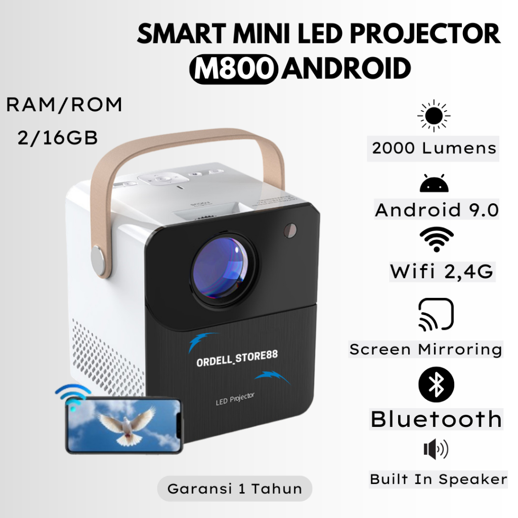 Jual Proyektor Mini LED M800 Android 9.0 Wifi 2000 Lumens | Proyektor ...