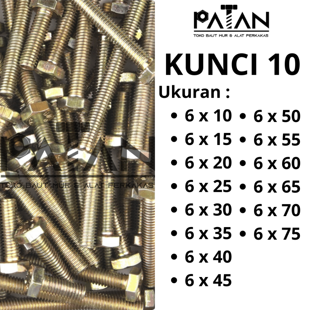 Jual [ISI 10 PCS] Baut dan Mur Besi M6 (Panjang 10-75) Kuning Kunci 10 Drat Pitch 1.00 -Baut ...