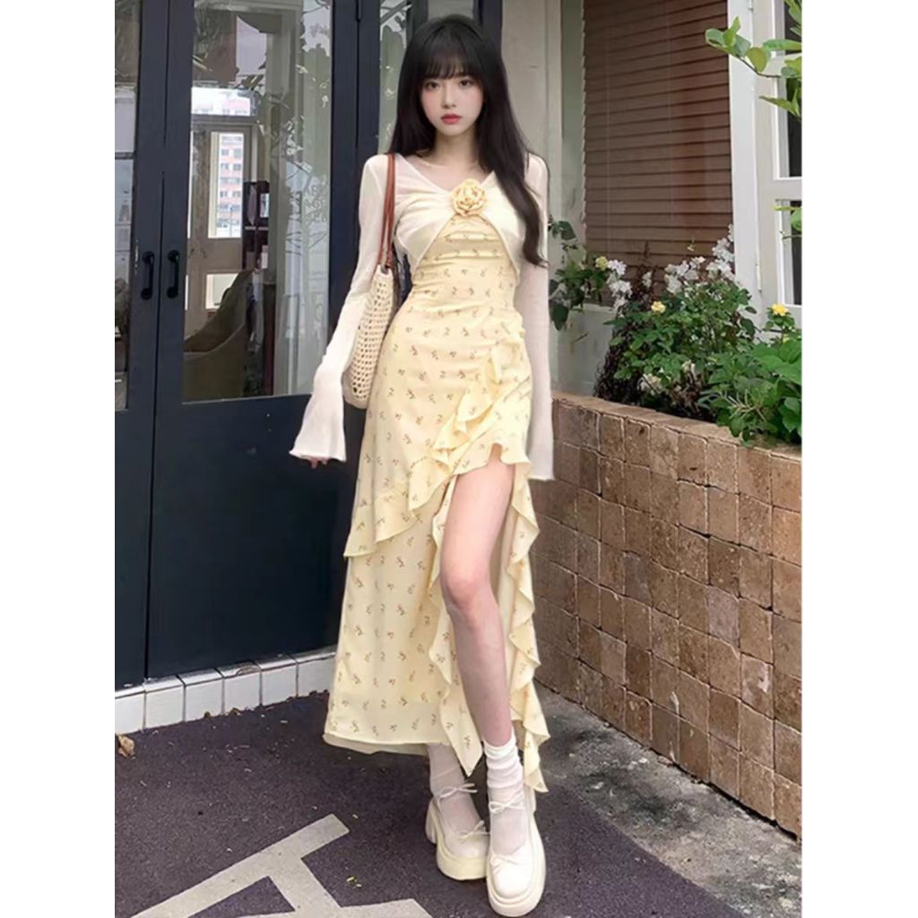 Jual Versi Korea dari gaun kuning bermotif bunga rok panjang Ruffle ...