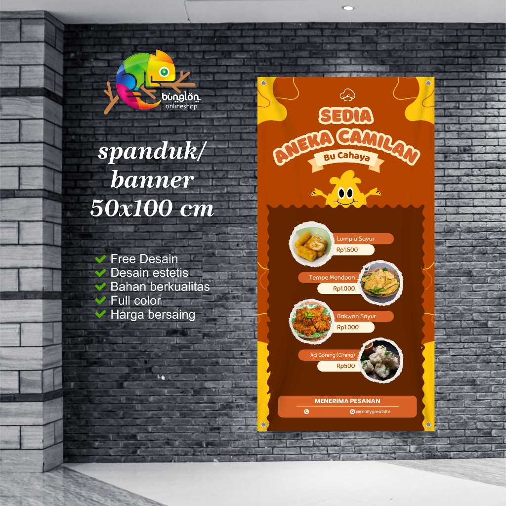 Jual Cetak Spanduk Banner Kuning Oranye Ilustratif Warung Aneka Camilan ...