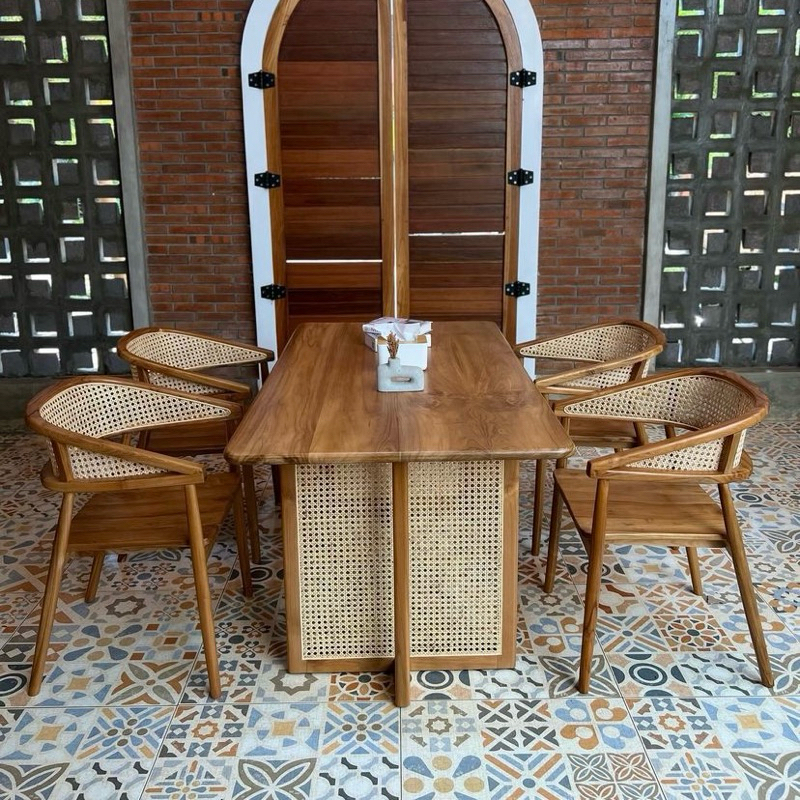 Jual Set Kursi Makan Rotan Retro Kayu Jati Jepara - Kursi Cafe Resto Terbaru - Meja Makan ...
