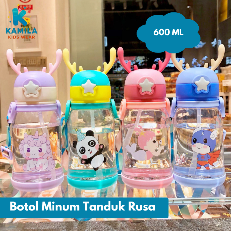 Jual Botol Minum Anak Karakter Kartun Botol Air Minum Anak Sedotan 600ml Model Tanduk Rusa Lucu ...