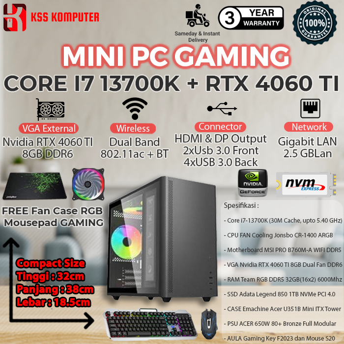 Jual [Baru] Mini PC Rakitan Core i7-13700K, RTX 4060 TI 8GB, NVME 1TB Portable Handle ITX CASE ...