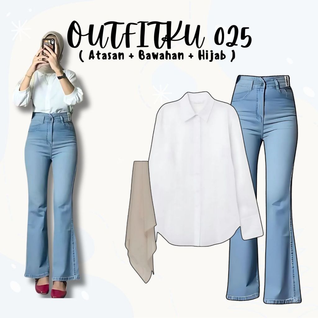 Jual One Set 3in1 Kemeja Putih Celana Cutbray Hijab Bella Square | outfit hangout simpel SK28 ...