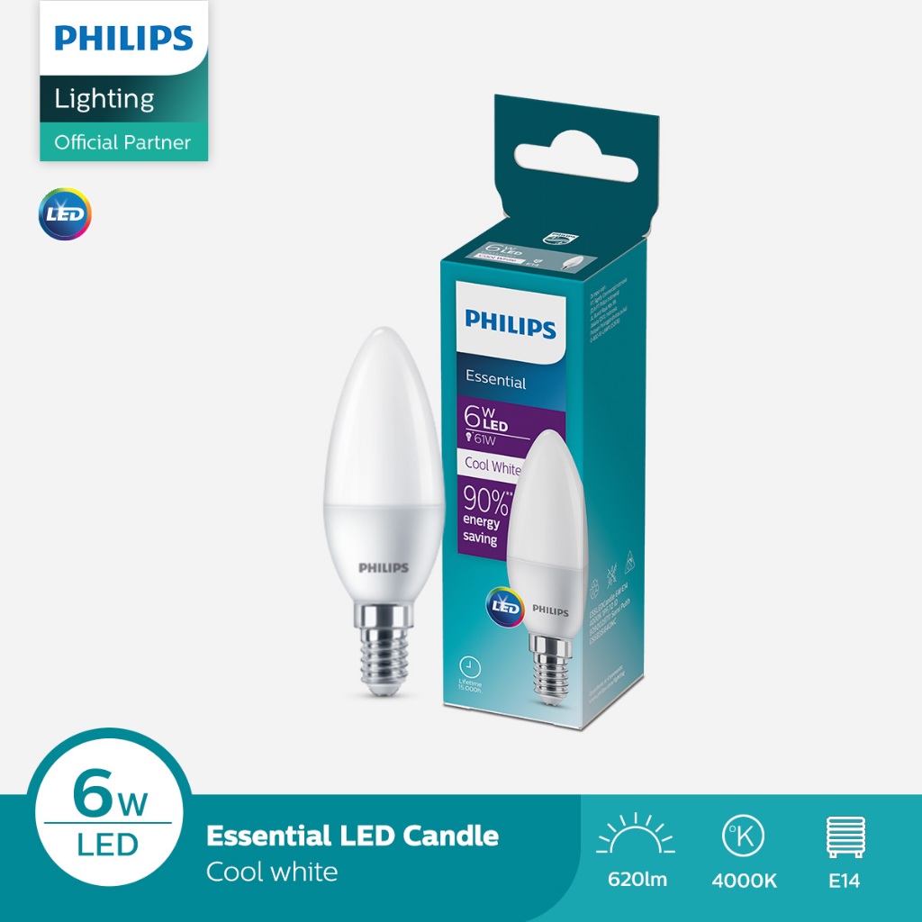 Jual Lampu Philips Bohlam ESS LED Candle 6W E14 4000K Semi putih | Shopee Indonesia