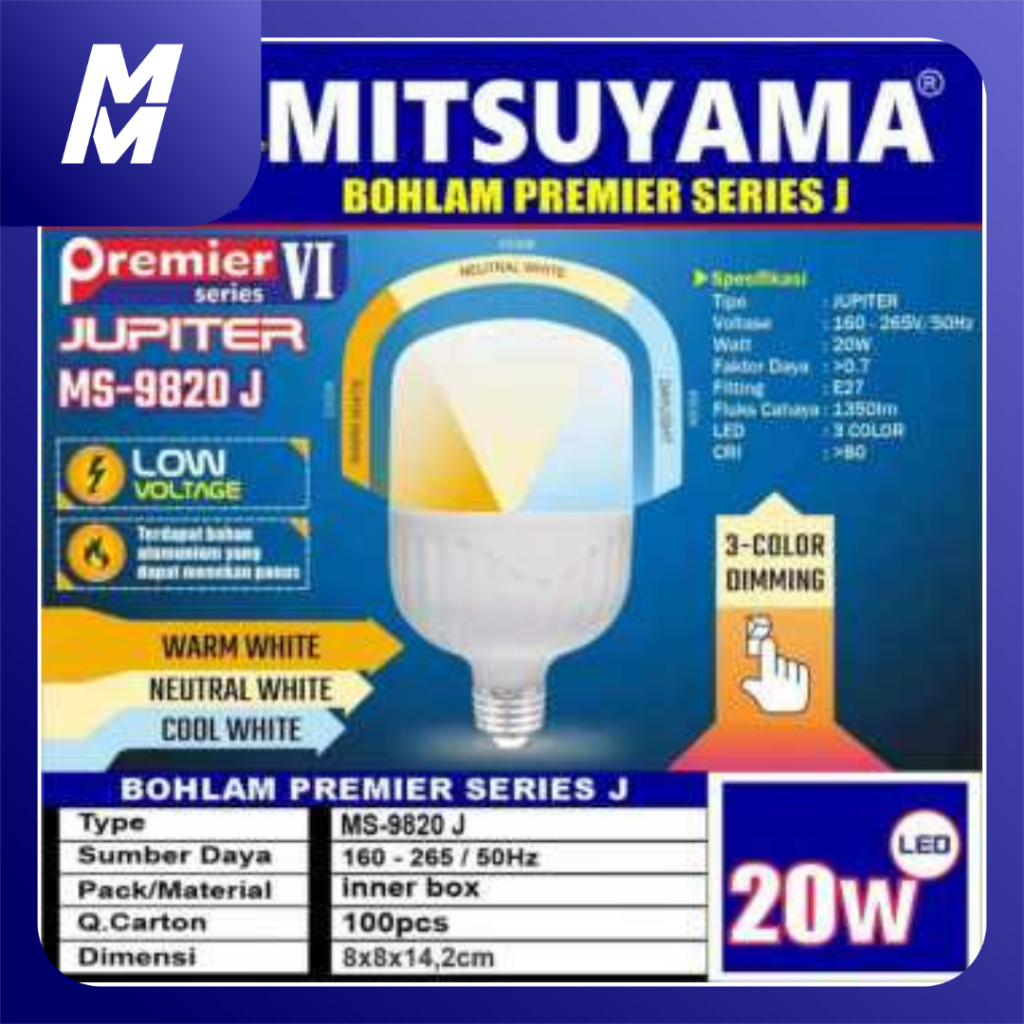 Jual Lampu LED Bohlam 3 Warna Mitsuyama 20 Watt Cahaya Kuning Putih Cool Warm White MS-9820J ...