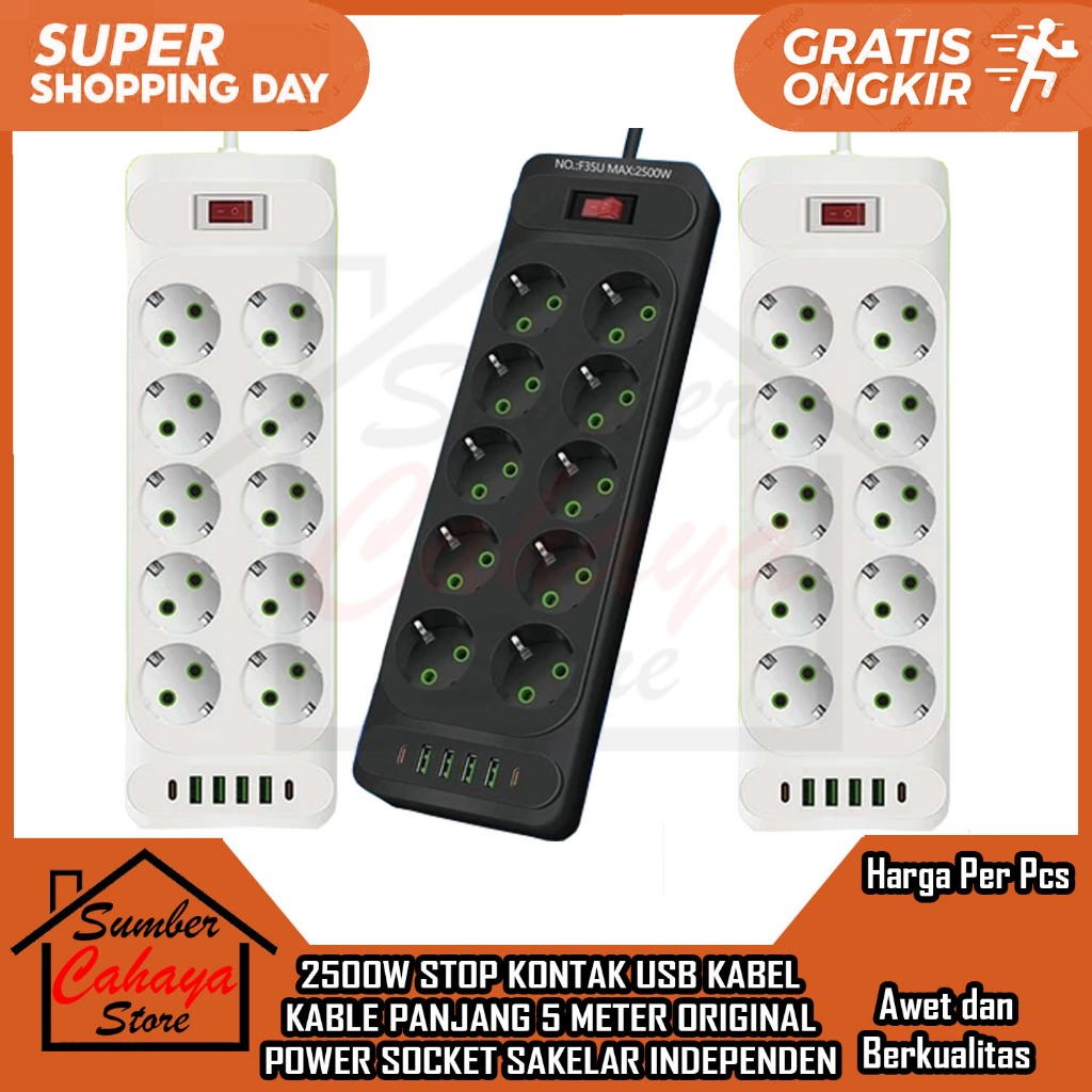 Jual 2500w Stop Kontak Usb Kabel Serbaguna Multiguna Panjang 2 Meter Original Power Socket ...