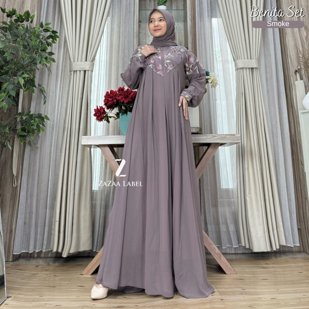 Jual Zazaa Label - Benita Set Gamis Hijab Motif Polos Bahan Ceruty ...