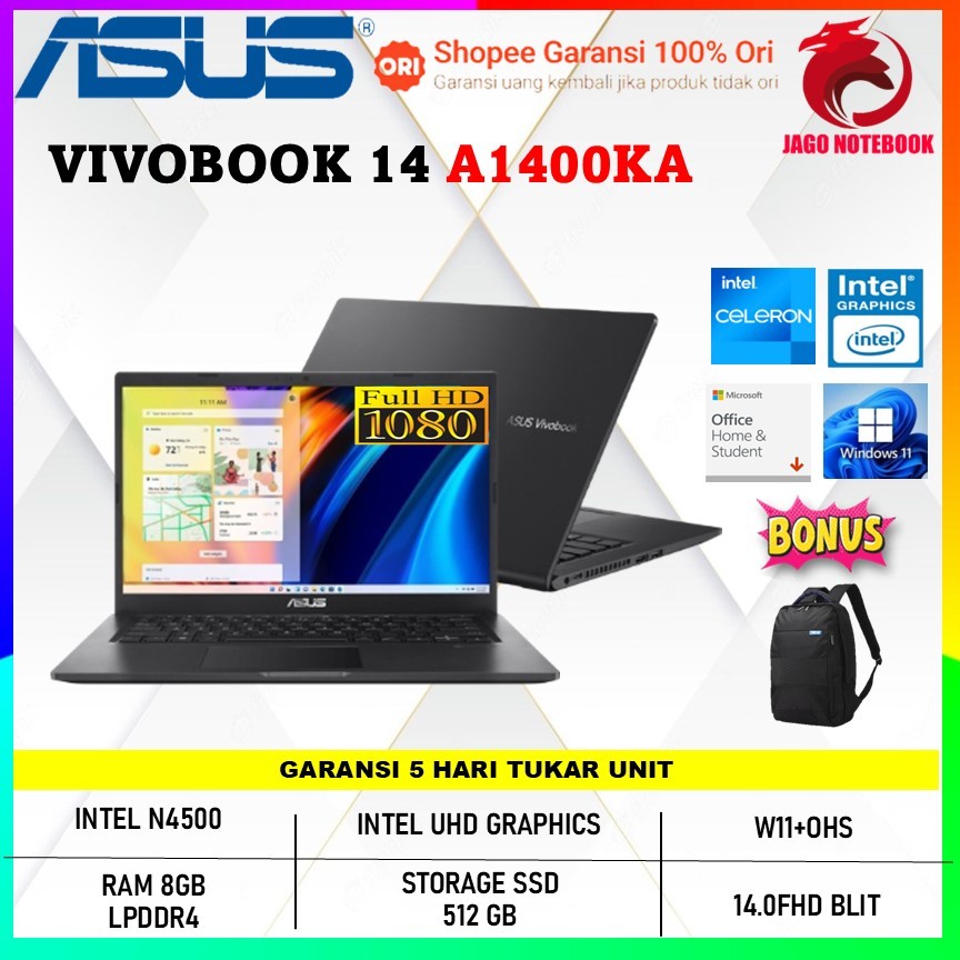 Jual ASUS Vivobook 14 A1400KA N4500 DDR4 8GB 256GB/512GB SSD 14" FHD ...