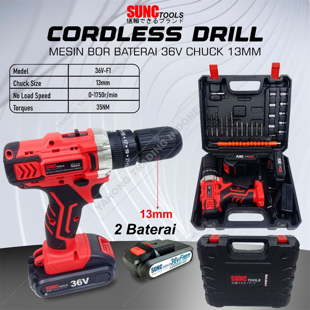 Jual Mesin Bor Baterai Cordless Drill Batere 10mm 13mm 12V 36V - BOR 36V 13mm SUNC TOOLS ...