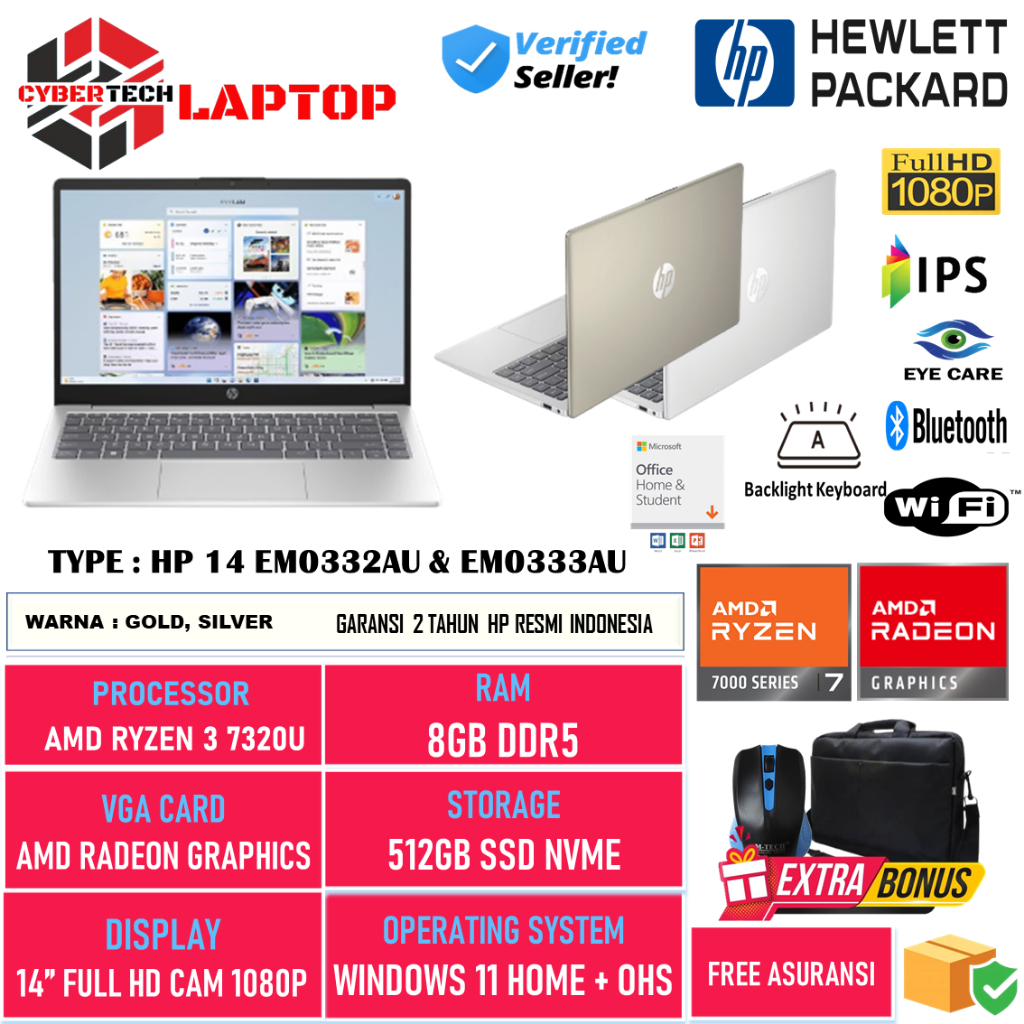 Jual Laptop Murah HP 14 EM0332AU & EM0333AU Amd Ryzen 3 7320U 8GB DDR5 ...