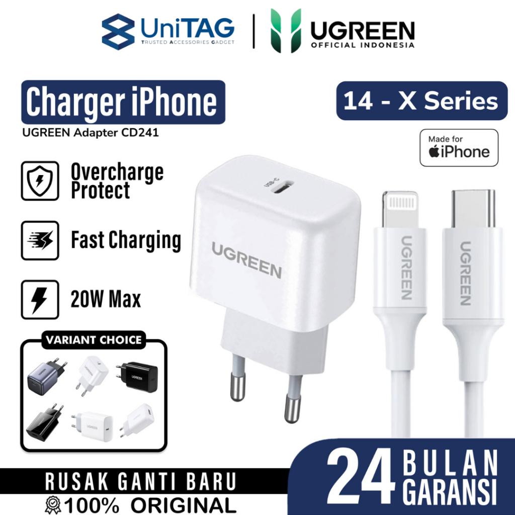 Jual Kepala Adaptor UGREEN Wall Charger Kabel MFi for iPhone 14 13 12 ...