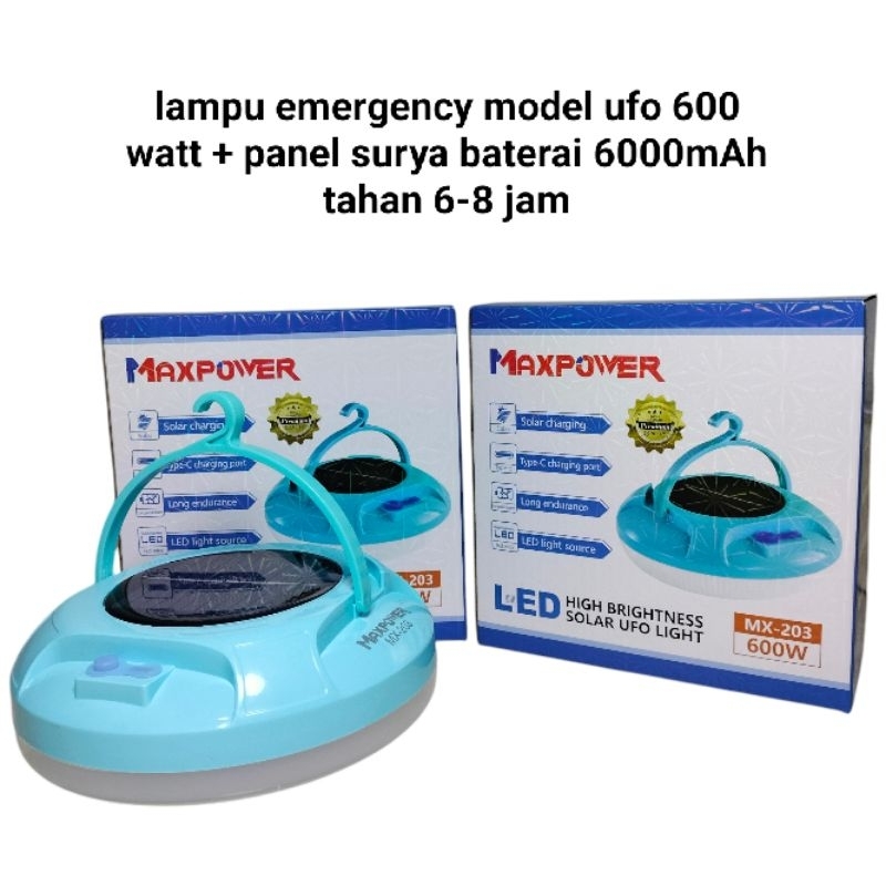 Jual Lampu emergency gantung ufo 600 watt + solar panel tenaga matahari maxpower mx-203 baterai ...