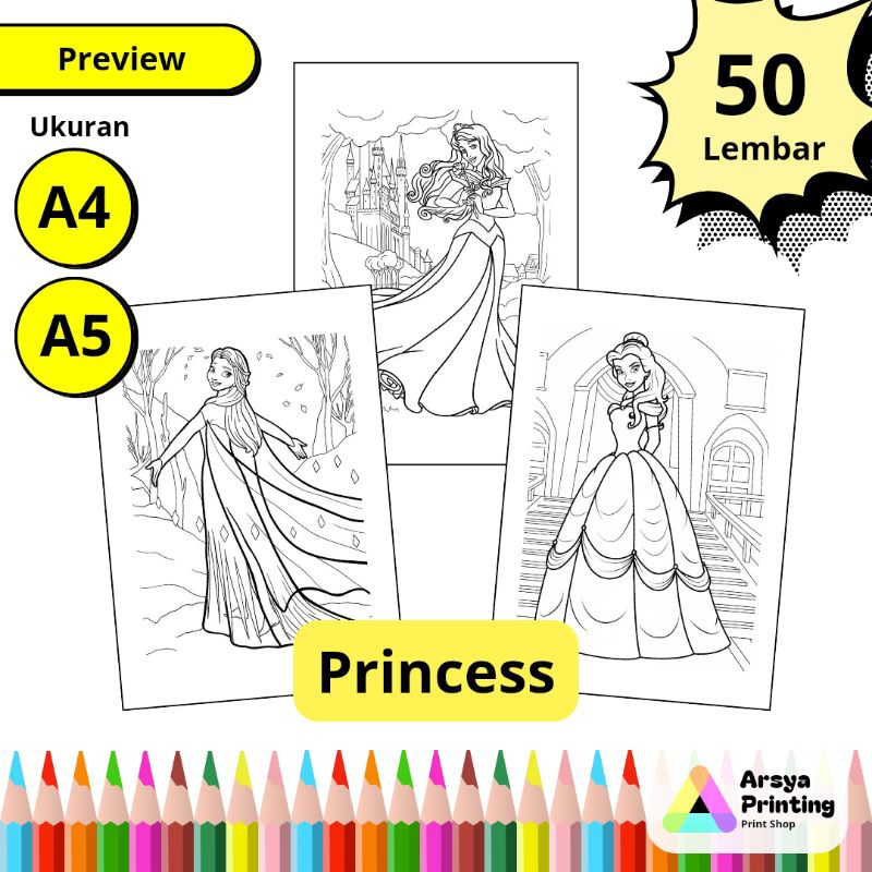 Jual 50 Lembar Kertas Mewarnai Anak Tema Lucu Cantik Princess Disney ...