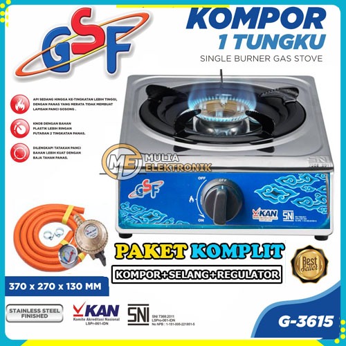 Jual KOMPOR GAS 1 TUNGKU STEINLESS MERK GSF G-3615 BODY ANTI KARAT PAKET + SELANG REGULATOR ...