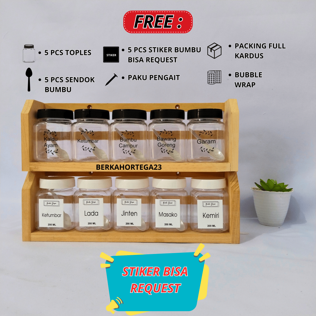 Jual Rak Gantung Tempat Bumbu Dapur Kayu Komplit Dengan 5 Toples, 5 ...
