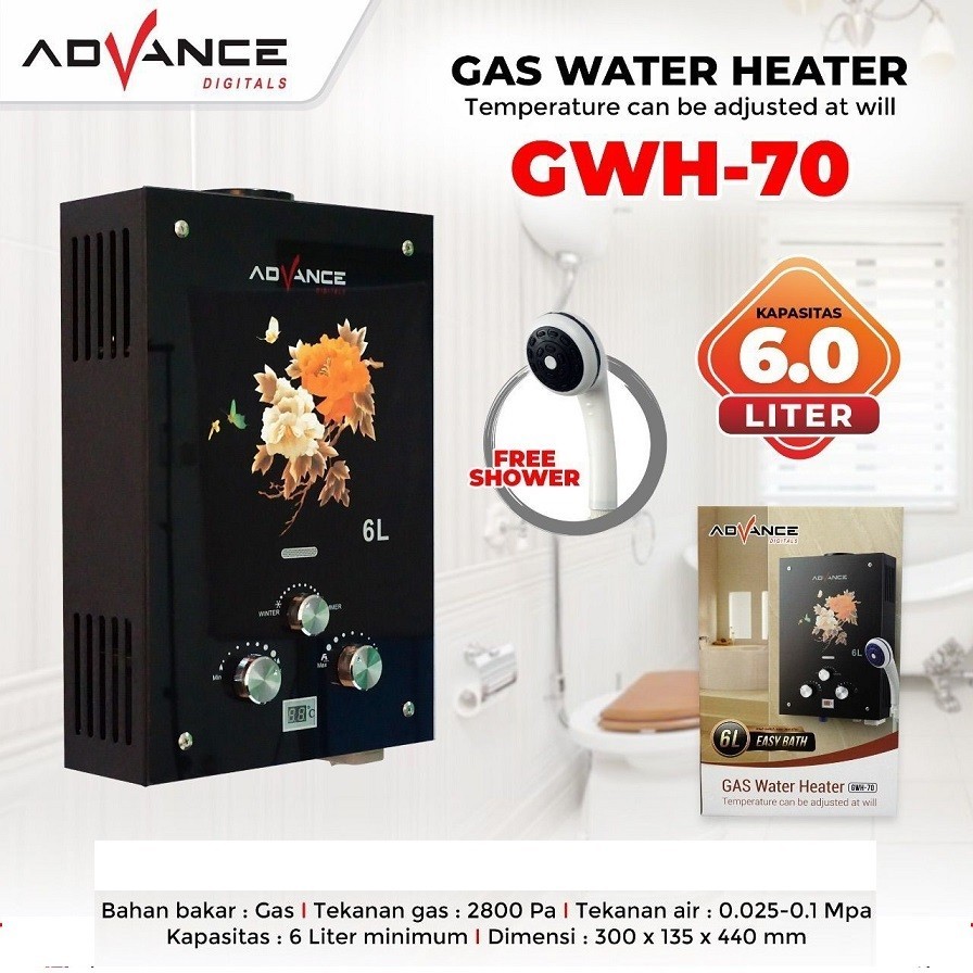 Jual Advance Water Heater KACA GWH-70 Pemanas Air Gas 6 Liter HItam LED | Shopee Indonesia