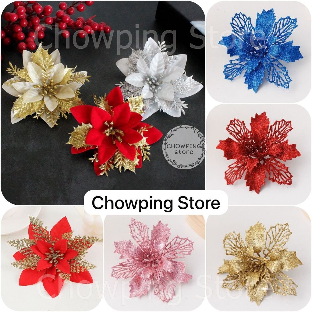 Jual 16cm Bunga Poinsetia Kastuba Merah Gold Dekorasi Parcel Pohon ...