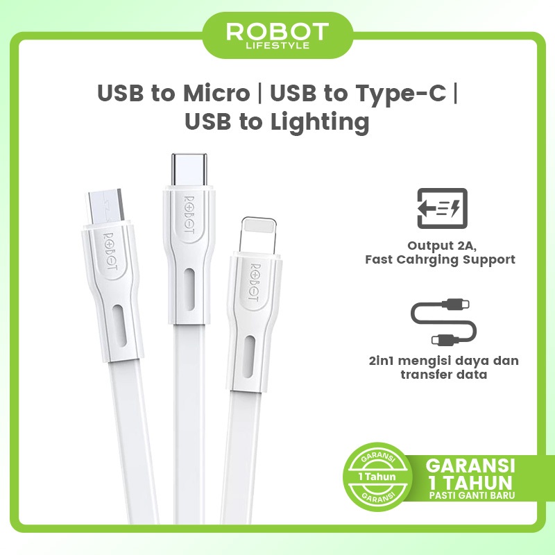 Jual ROBOT Kabel Data Fast Charging 2A Lightning Micro Type C 1M PVC ...