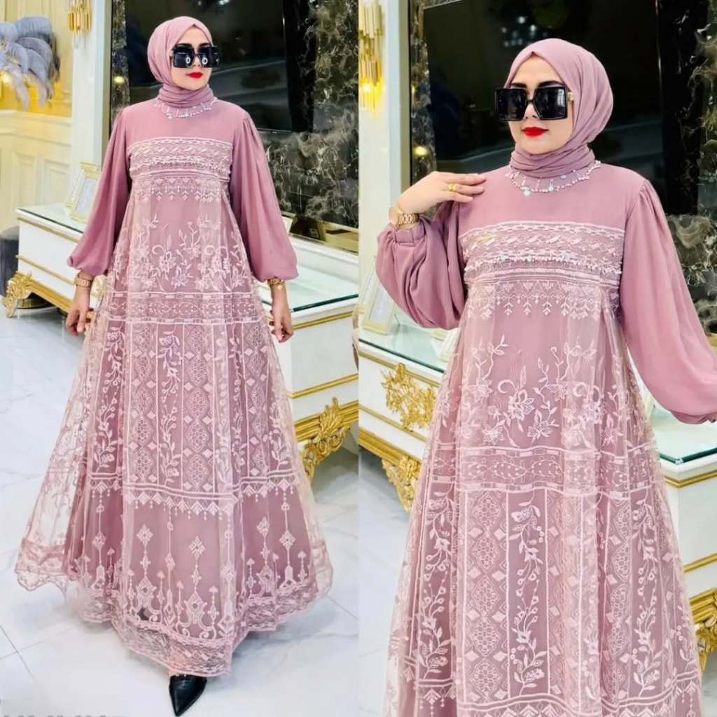 Jual Delvira Dress Muslim Pesta Gamis Brukat Mewah Kondangan Wanita Terbaru 2024 Bahan Ceruty ...